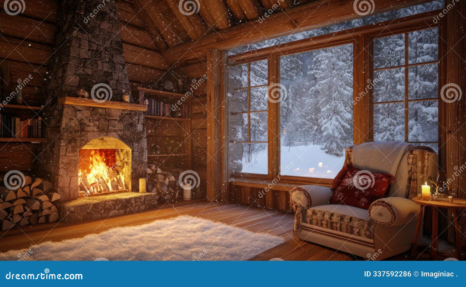 Cozy Cabin Interior with Fireplace and Snowy Window View Stock ...