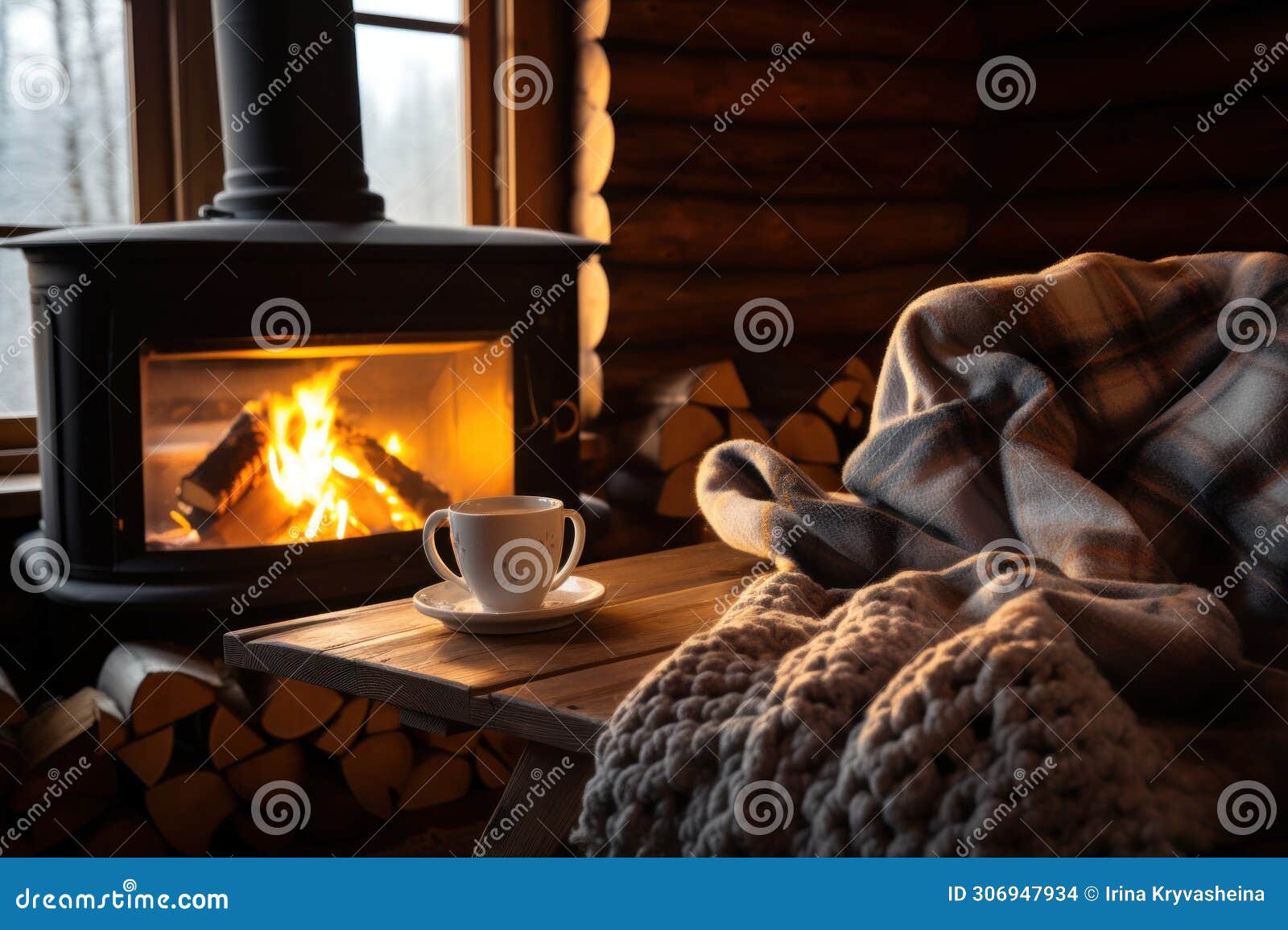 A Cozy Cabin Interior with a Roaring Fireplace, Soft Blankets, and a ...