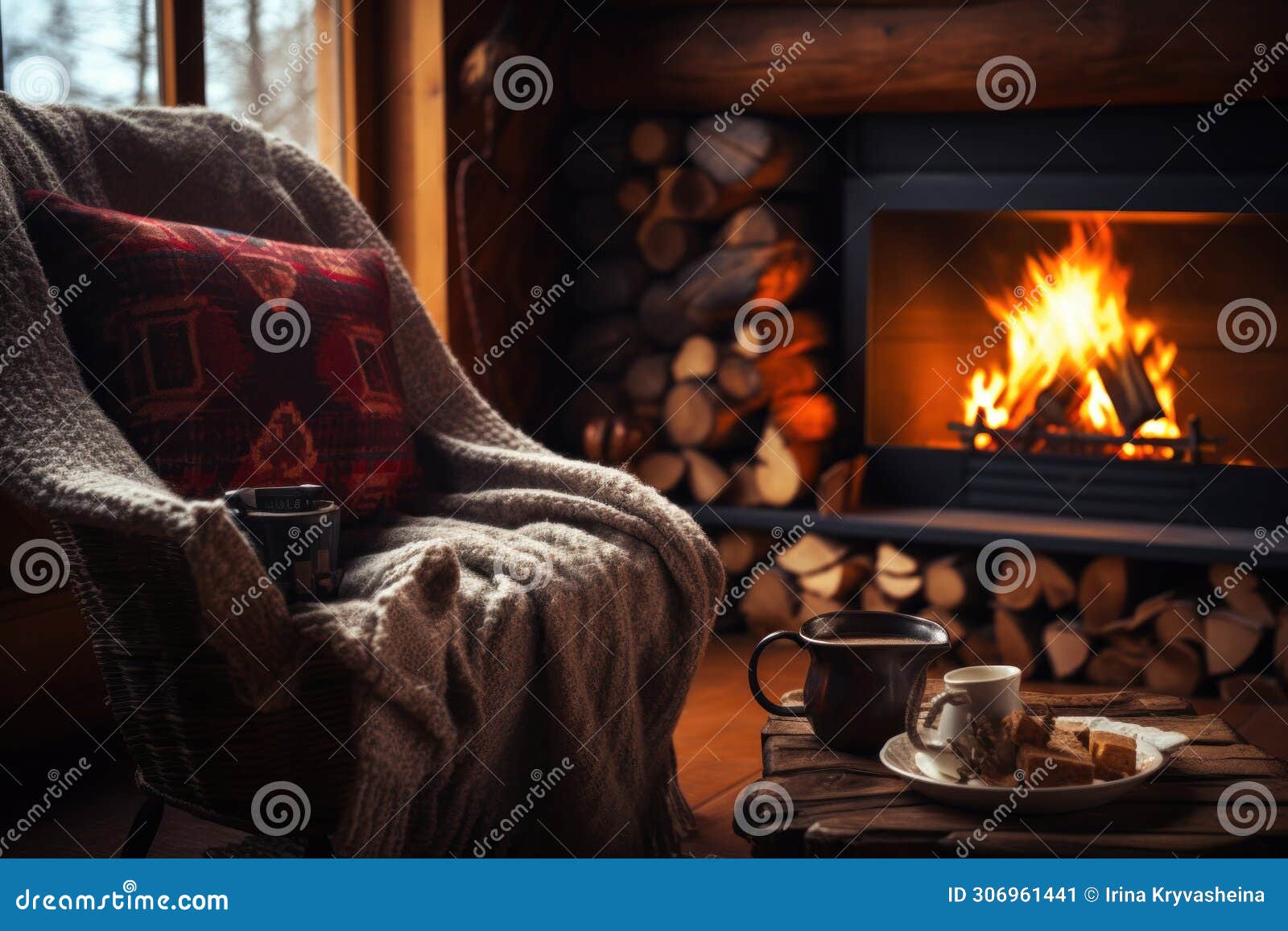 A Cozy Cabin Interior with a Roaring Fireplace, Soft Blankets, and a ...