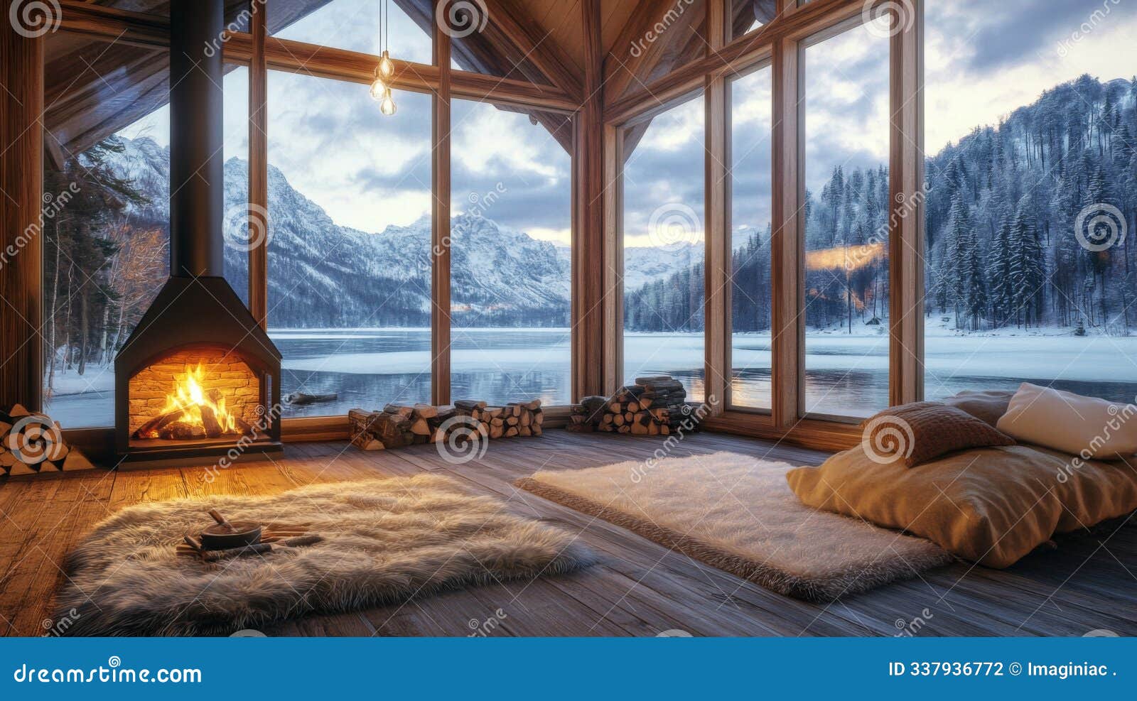 Cozy Cabin Interior with a View of a Snowy Mountain Lake Stock ...