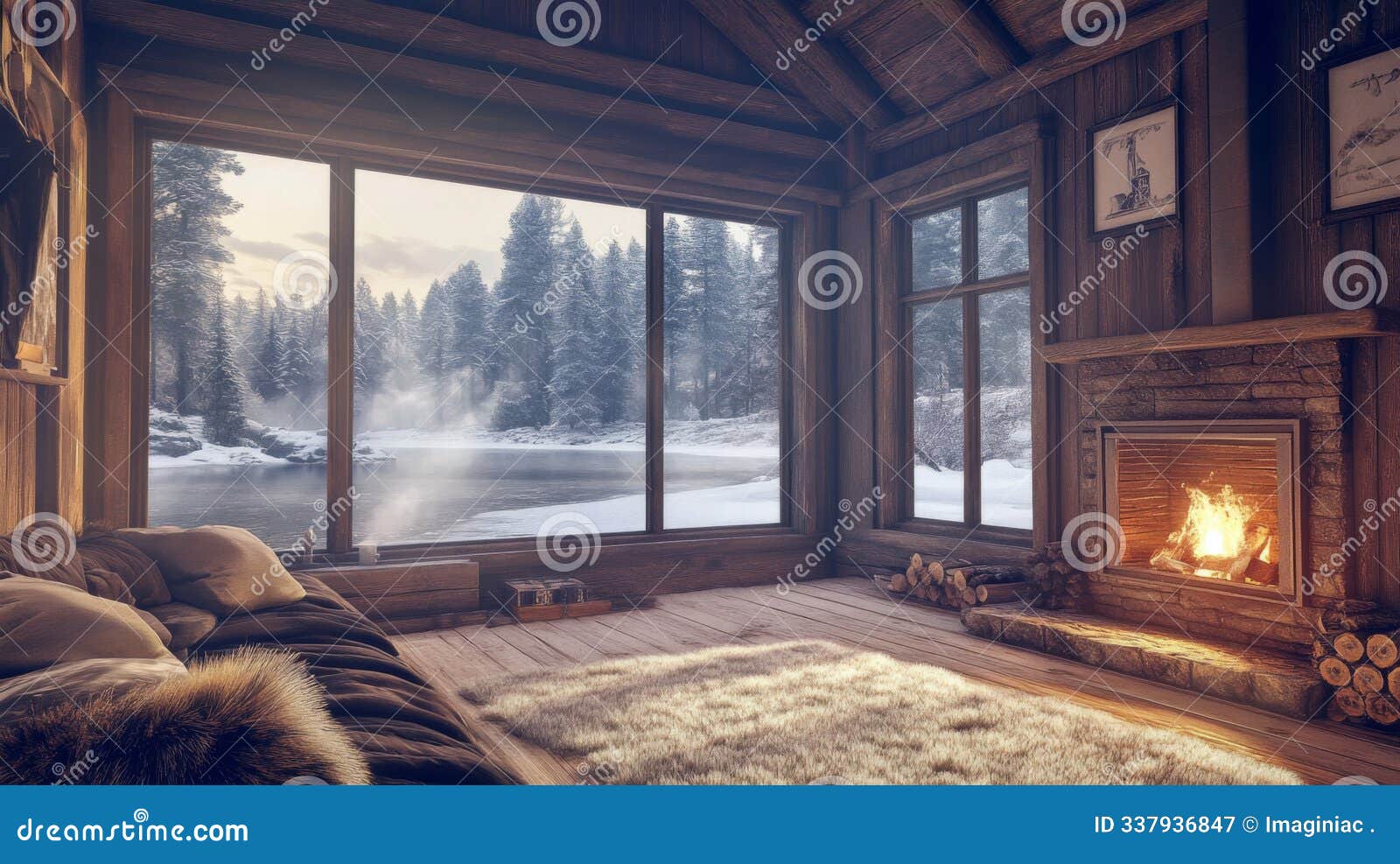 Cozy Cabin Interior with a View of a Snowy River and Forest Stock ...