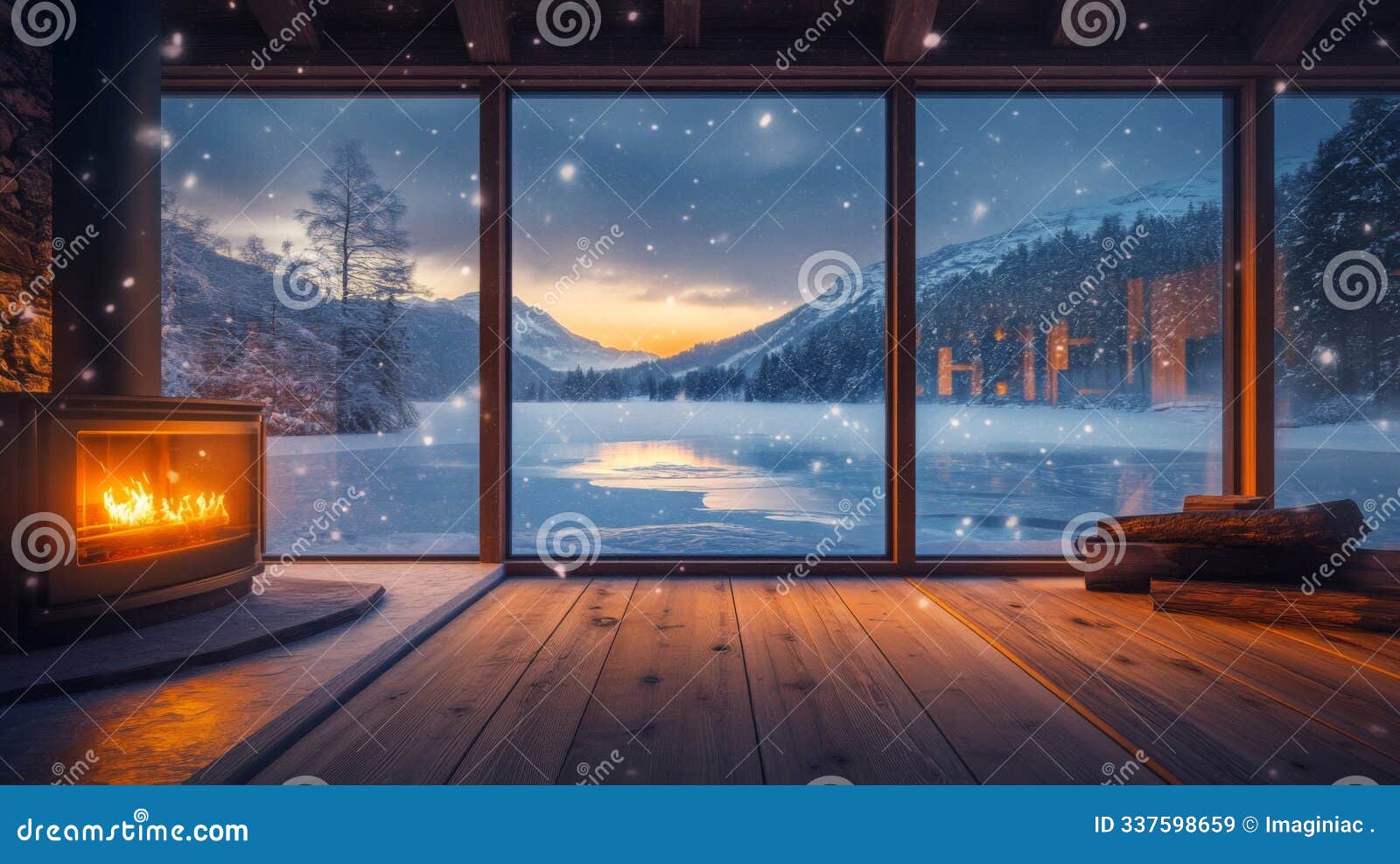 Cozy Cabin Interior with a View of a Snowy Winter Landscape Stock ...