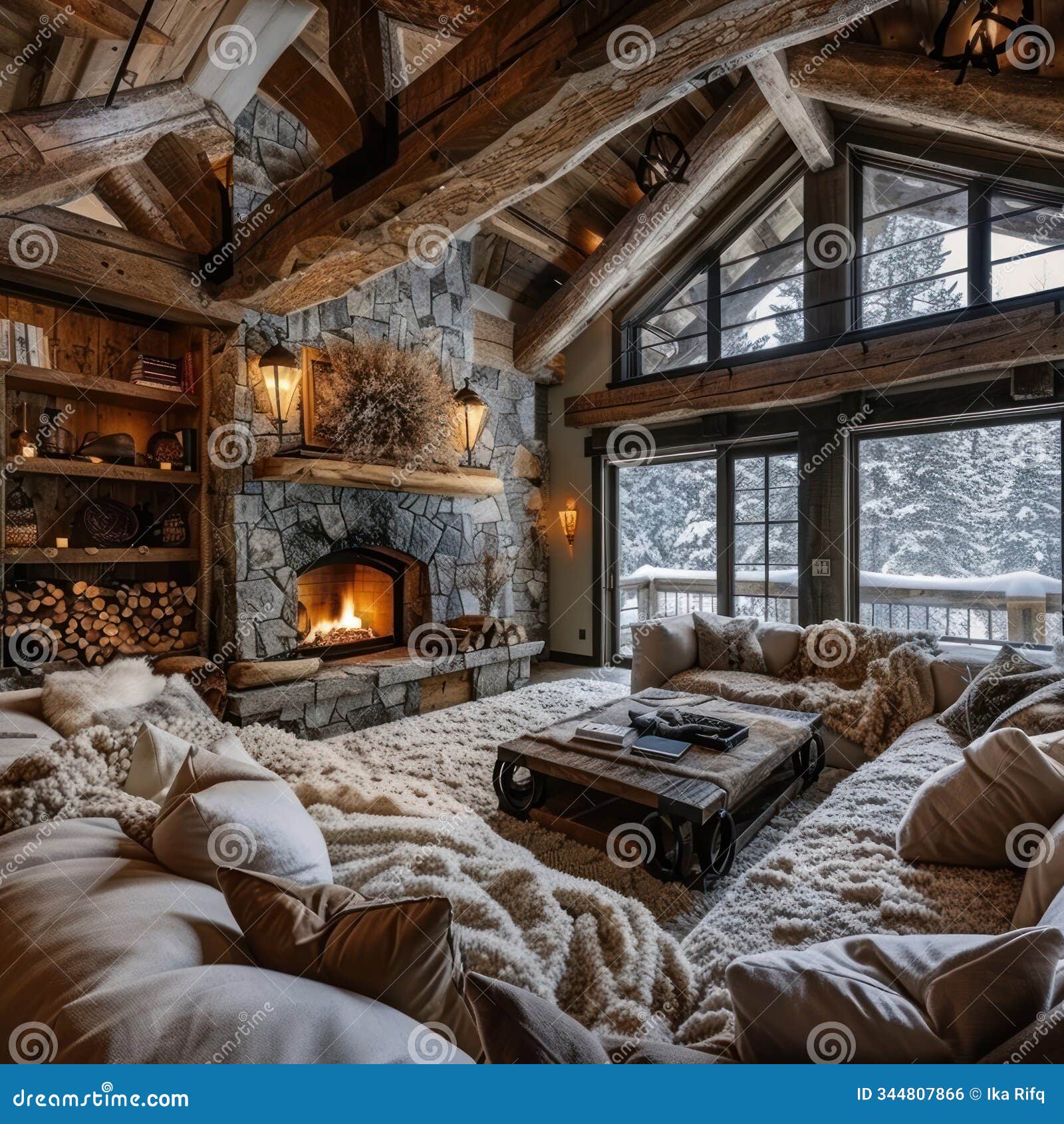 Cozy Cabin Living Room Interior Design with Fireplace and Windows Stock ...