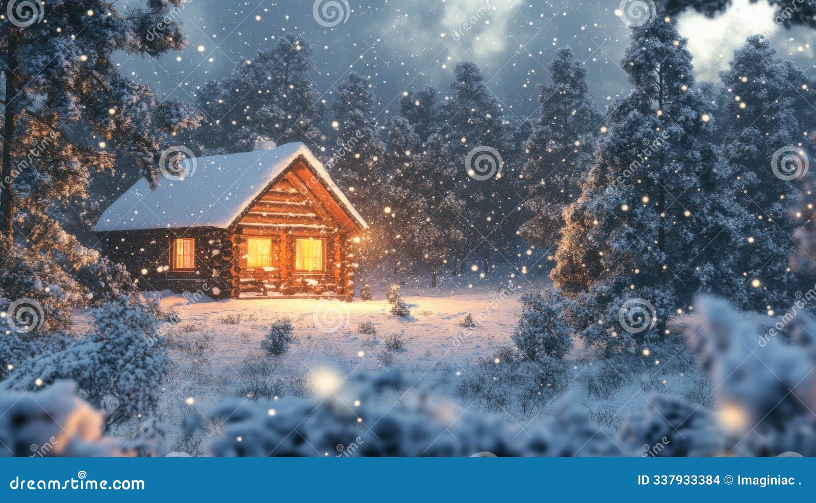 A Cozy Cabin Nestled in a Snowy Forest with Falling Snow Stock ...