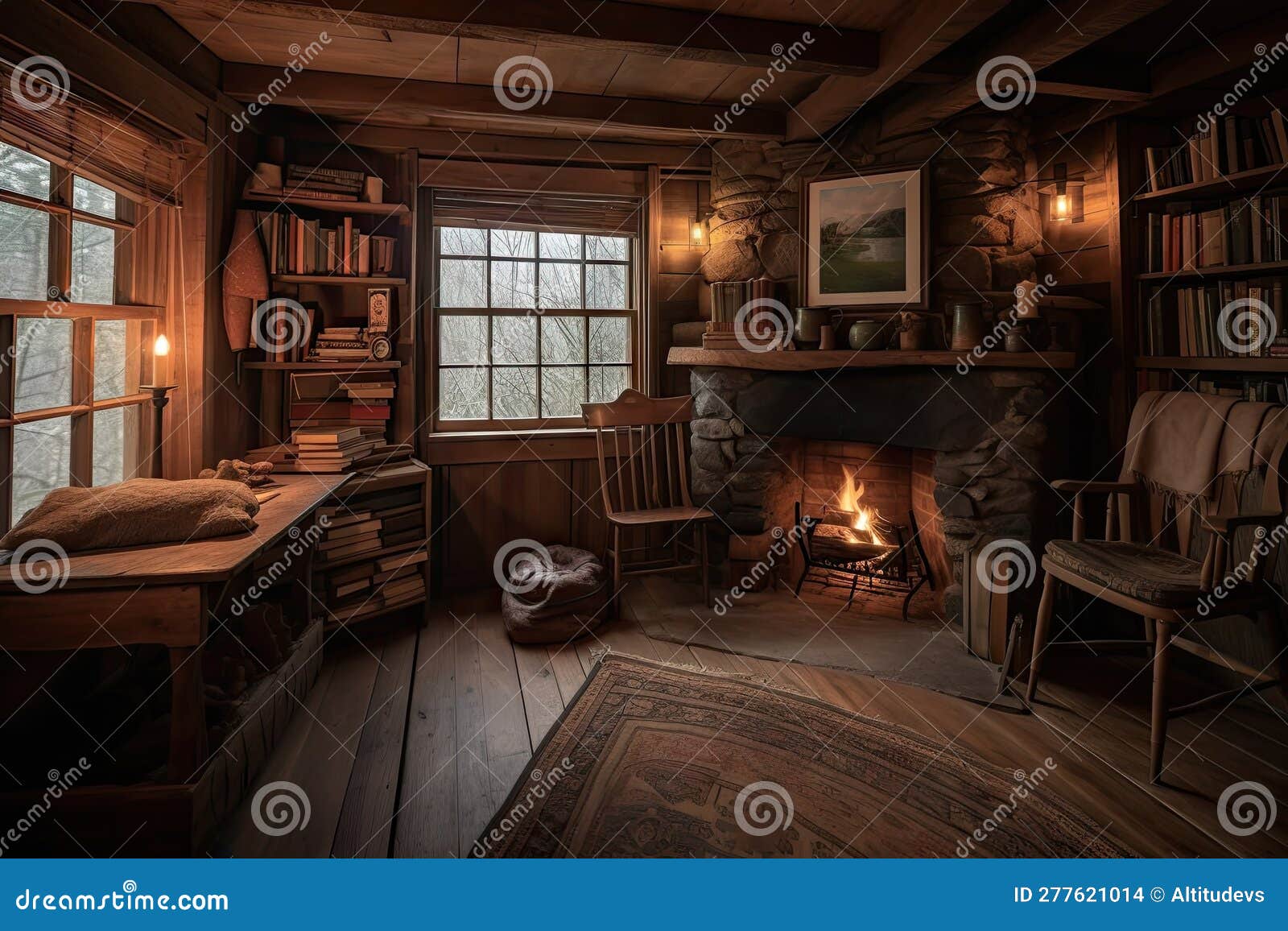 Cozy Cabin Retreat with Roaring Fire and Stack of Books in the Corner ...