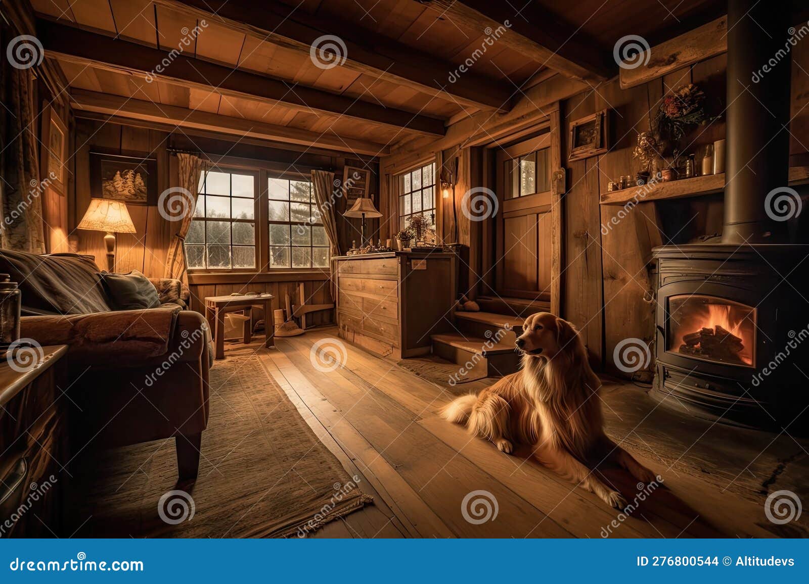Cozy Cabin with Roaring Fire and Pets on the Floor Stock Photo - Image ...