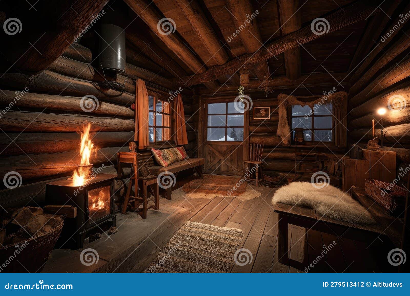 Cozy Cabin with Roaring Fireplace and Stack of Firewood on a Cold ...