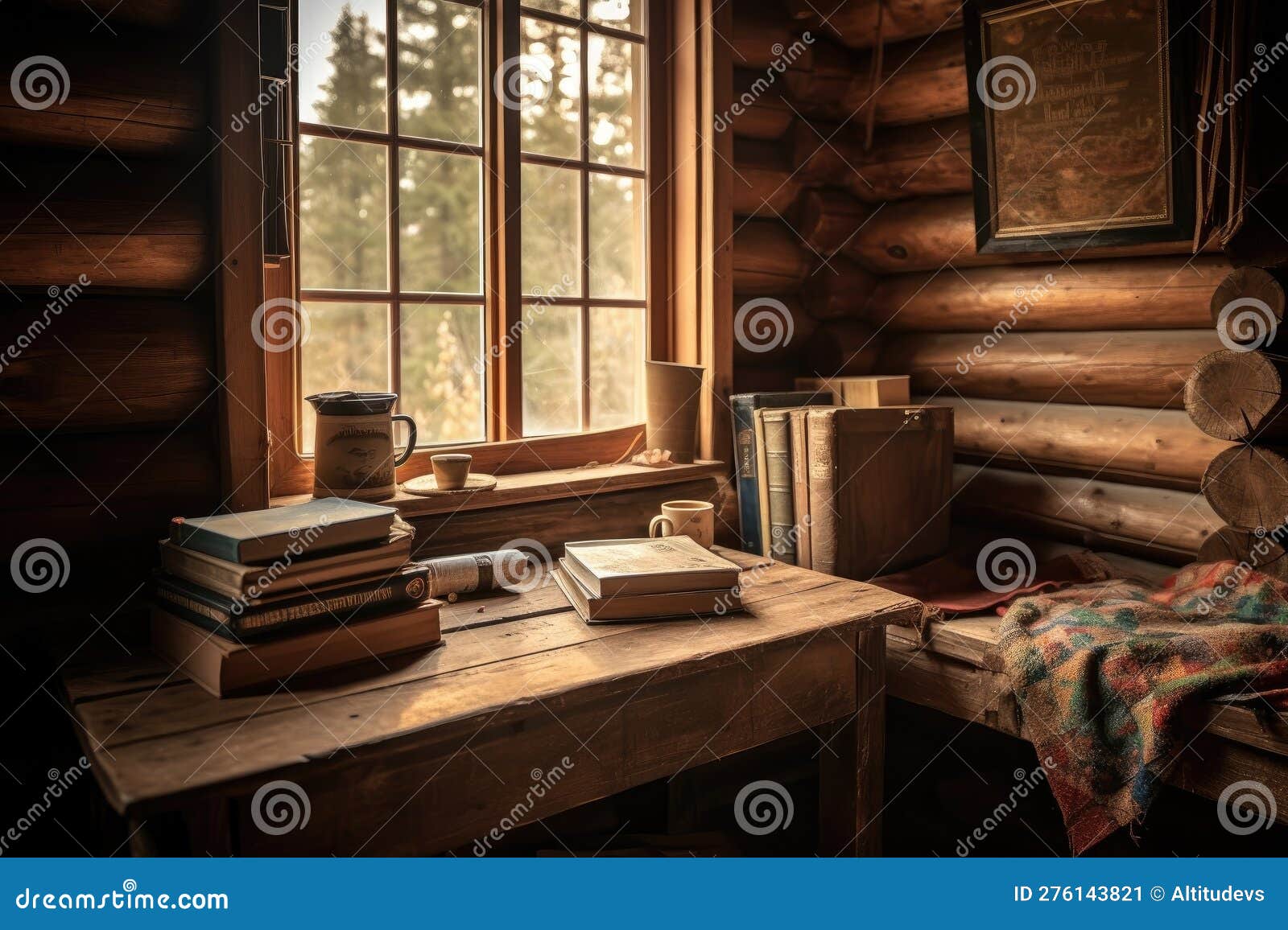 Cozy Cabin with Stack of Books and Hot Cup of Tea on the Side Table ...