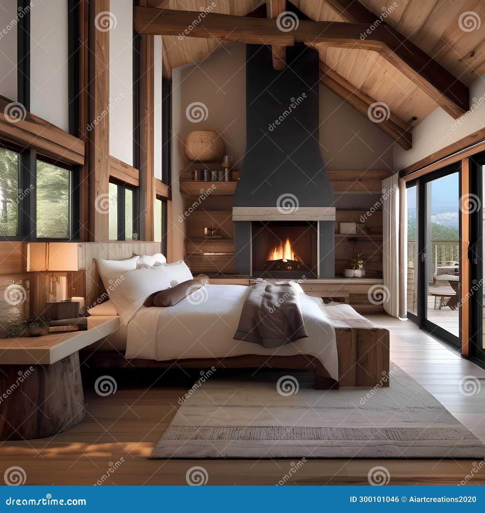A Cozy Cabin Style Bedroom With Exposed Wooden Beams And A Stone