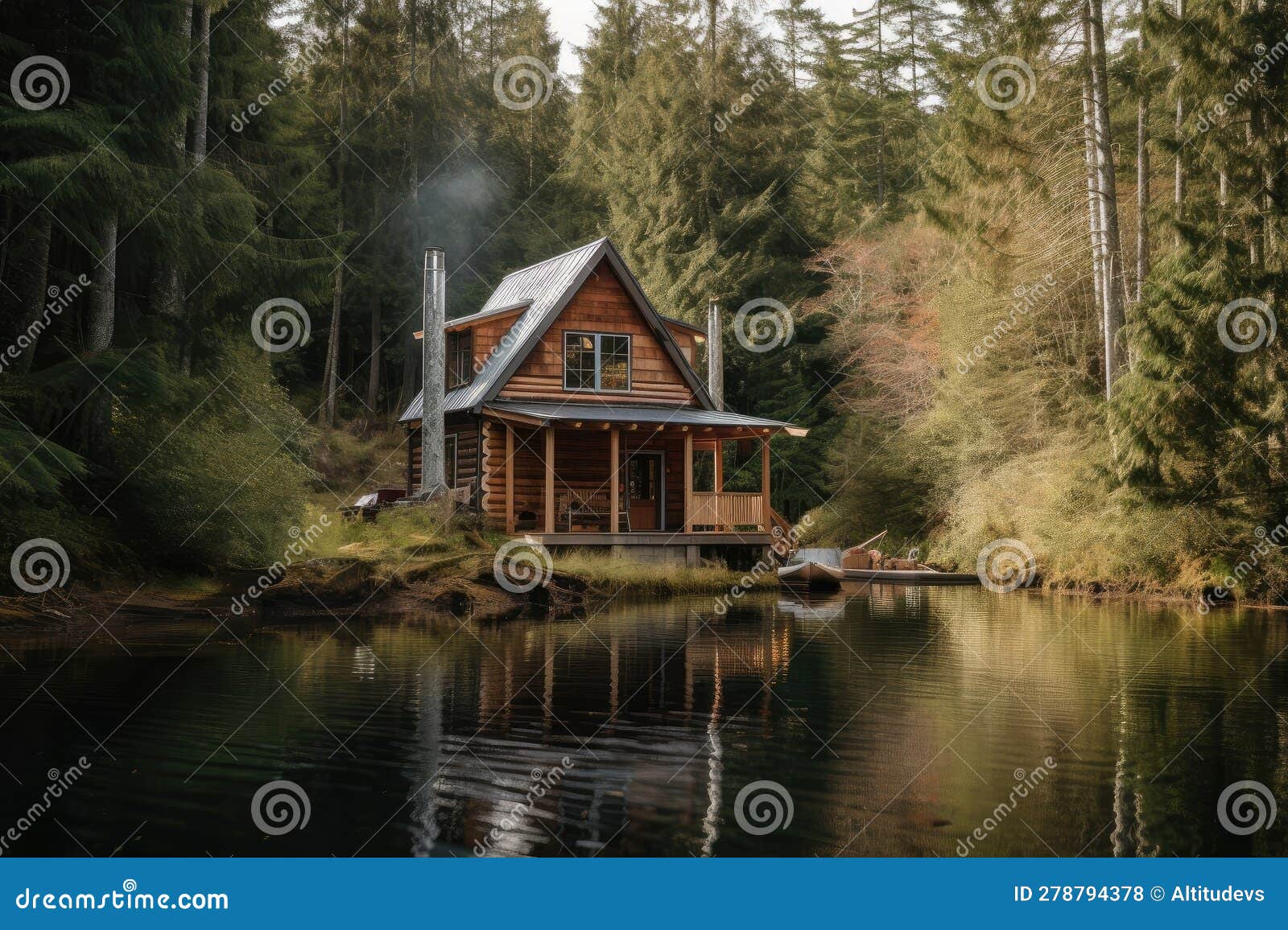 Cozy Cabin Surrounded by Forest and Water in a Serene Forest Stock ...