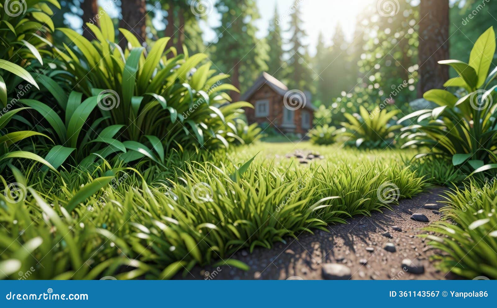 Cozy Cabin Surrounded by Lush Greenery and Sunlit Forest Pathway Stock ...