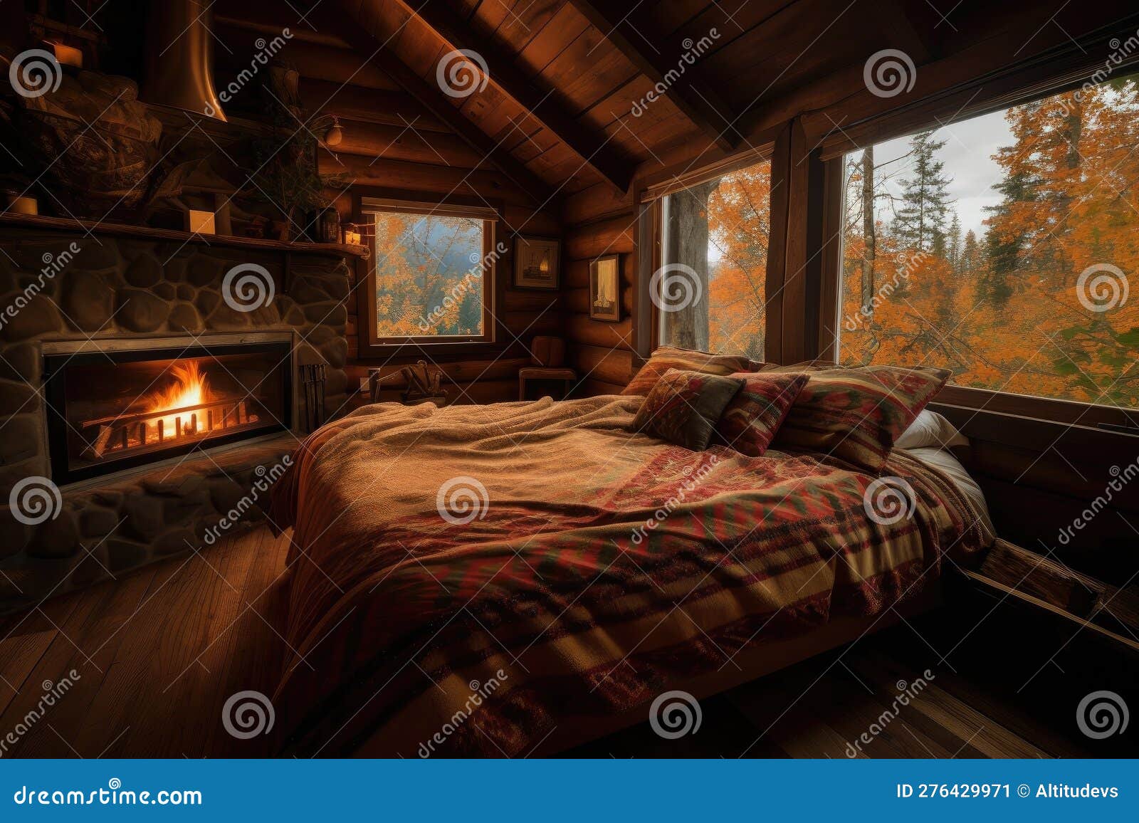 Cozy Cabin in the Woods, with a Crackling Fire and Warm Bed Stock Image ...