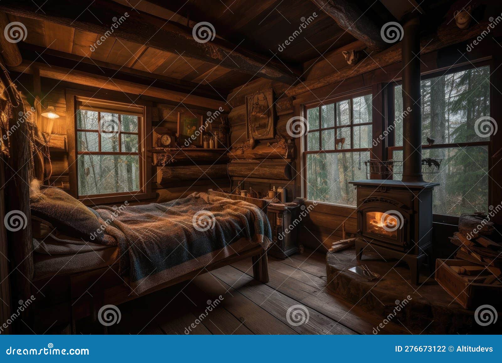 Cozy Cabin in the Woods, with a Crackling Fire and Warm Bed Stock ...