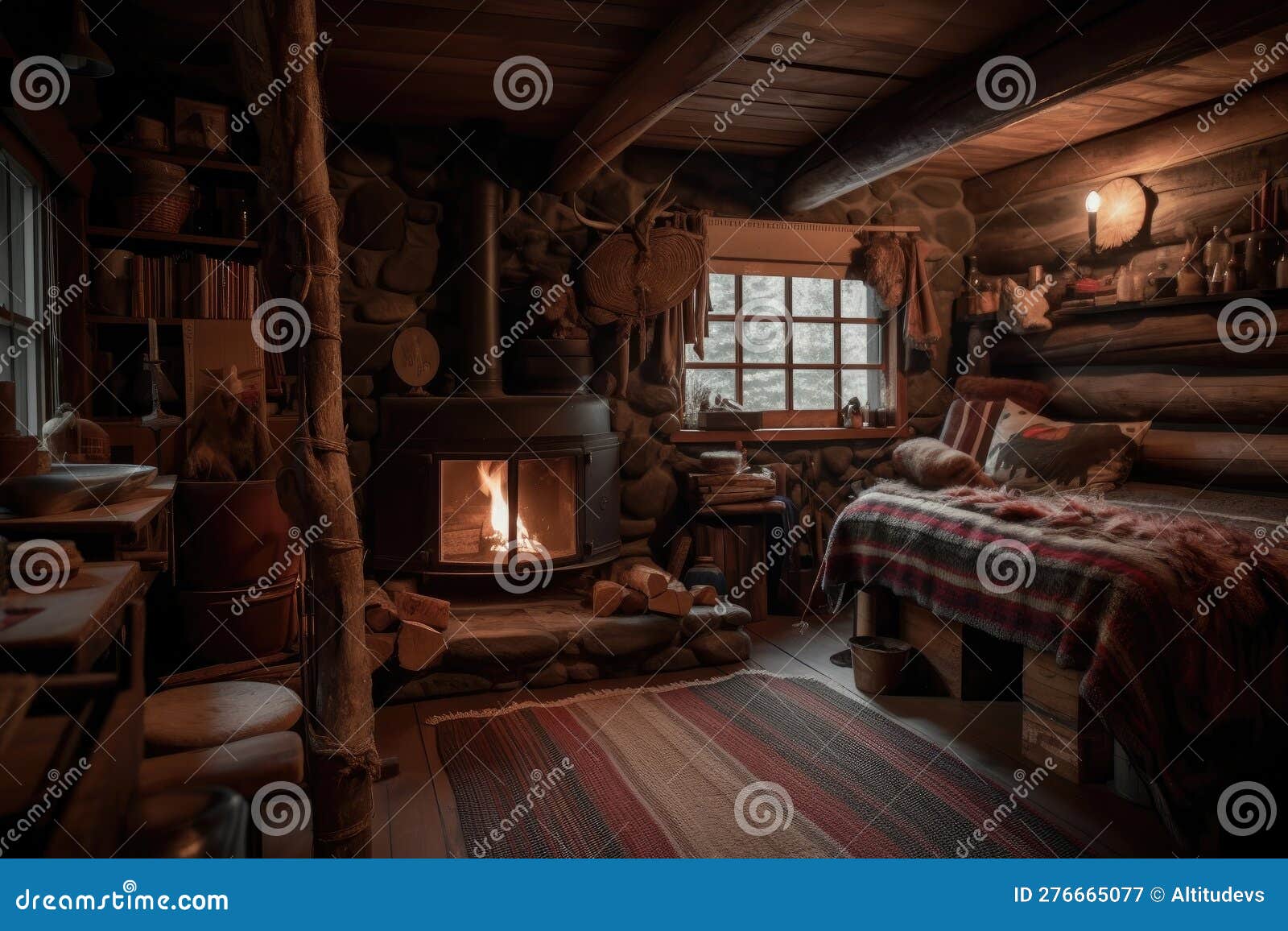 Cozy Cabin in the Woods with a Crackling Fire and Warm Blankets Stock ...
