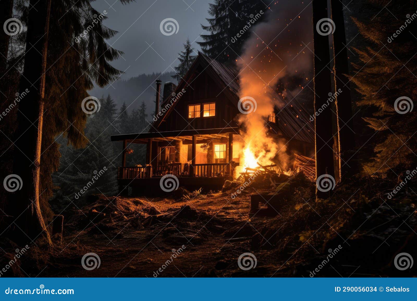 A Cozy Cabin in the Woods, Lit from within, with a Fire Burning Outside ...