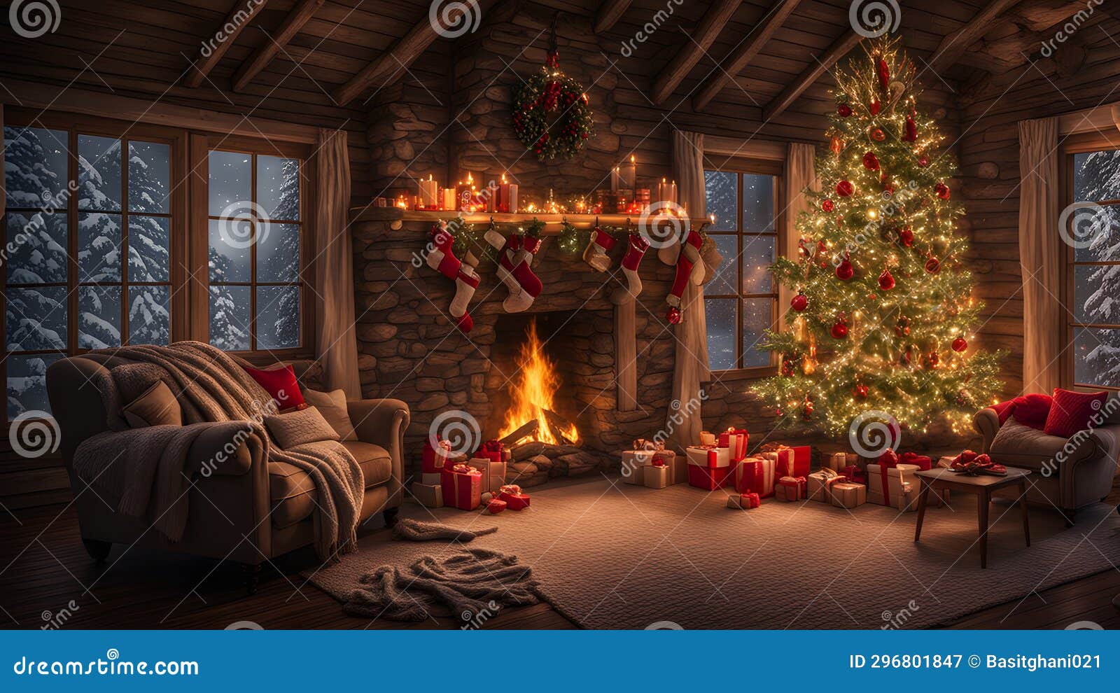 A Cozy Cabin in the Woods, with a Roaring Fire and a Christmas Tree ...