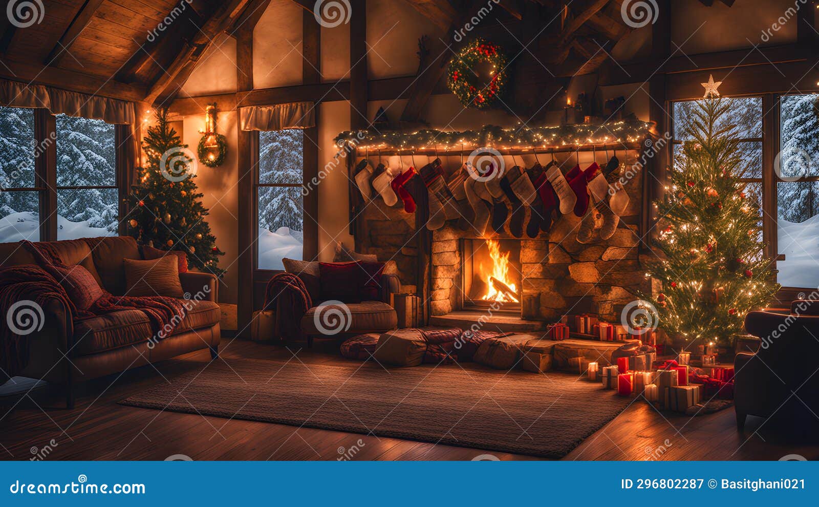 A Cozy Cabin in the Woods, with a Roaring Fire and a Christmas Tree ...
