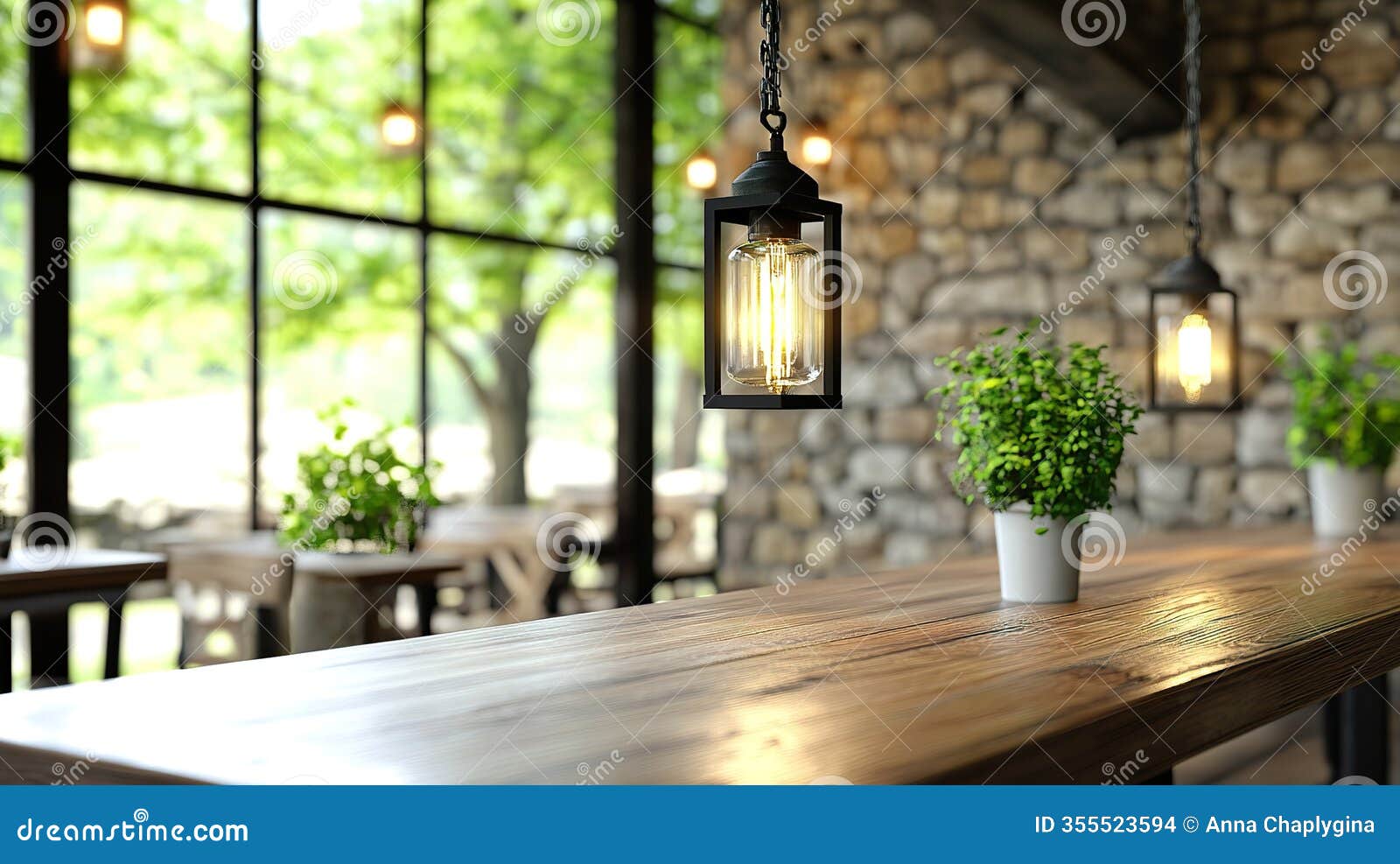 Cozy Cafe Interior with Rustic Lighting and Greenery by Stone Accent ...