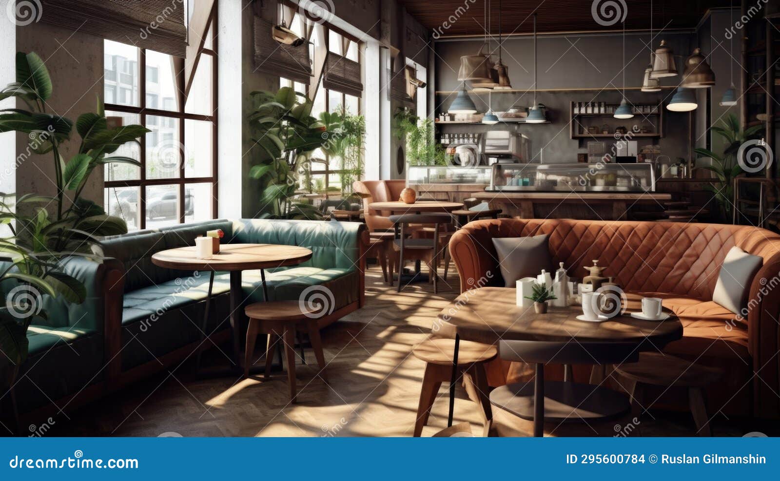 Cozy Cafe Interior with Sofas and Tables for Quick Lunch, Angle View ...