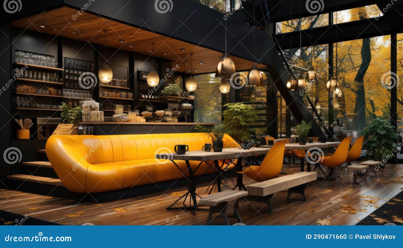 Cozy Cafe Interior with Sofas and Tables for Quick Lunch, Angle View ...