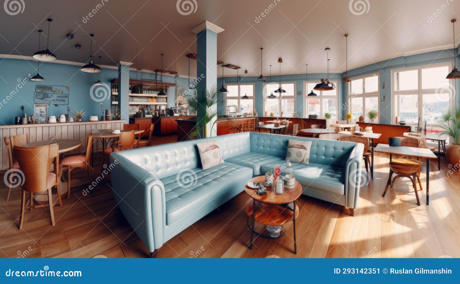 Cozy Cafe Interior with Sofas and Tables for Quick Lunch, Angle View ...