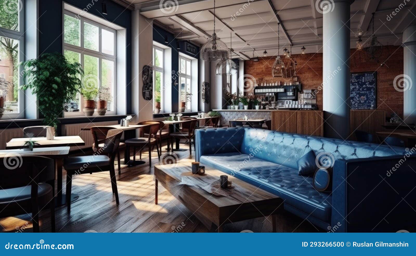 Cozy Cafe Interior with Sofas and Tables for Quick Lunch, Angle View ...