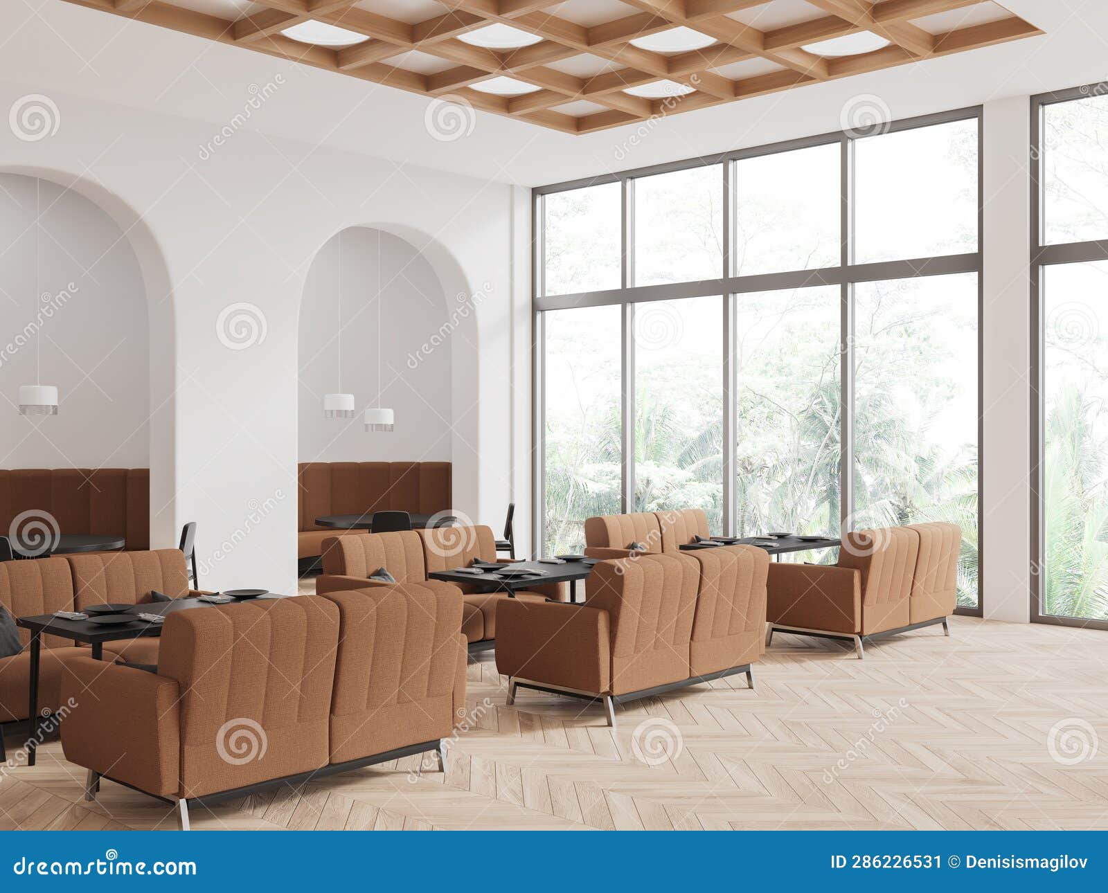 Cozy Cafeteria Interior with Couch and Table, Eating Corner with Window ...