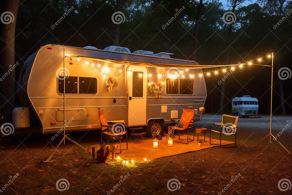 Cozy Camper Van Setup with String Lights at Night Stock Image - Image ...