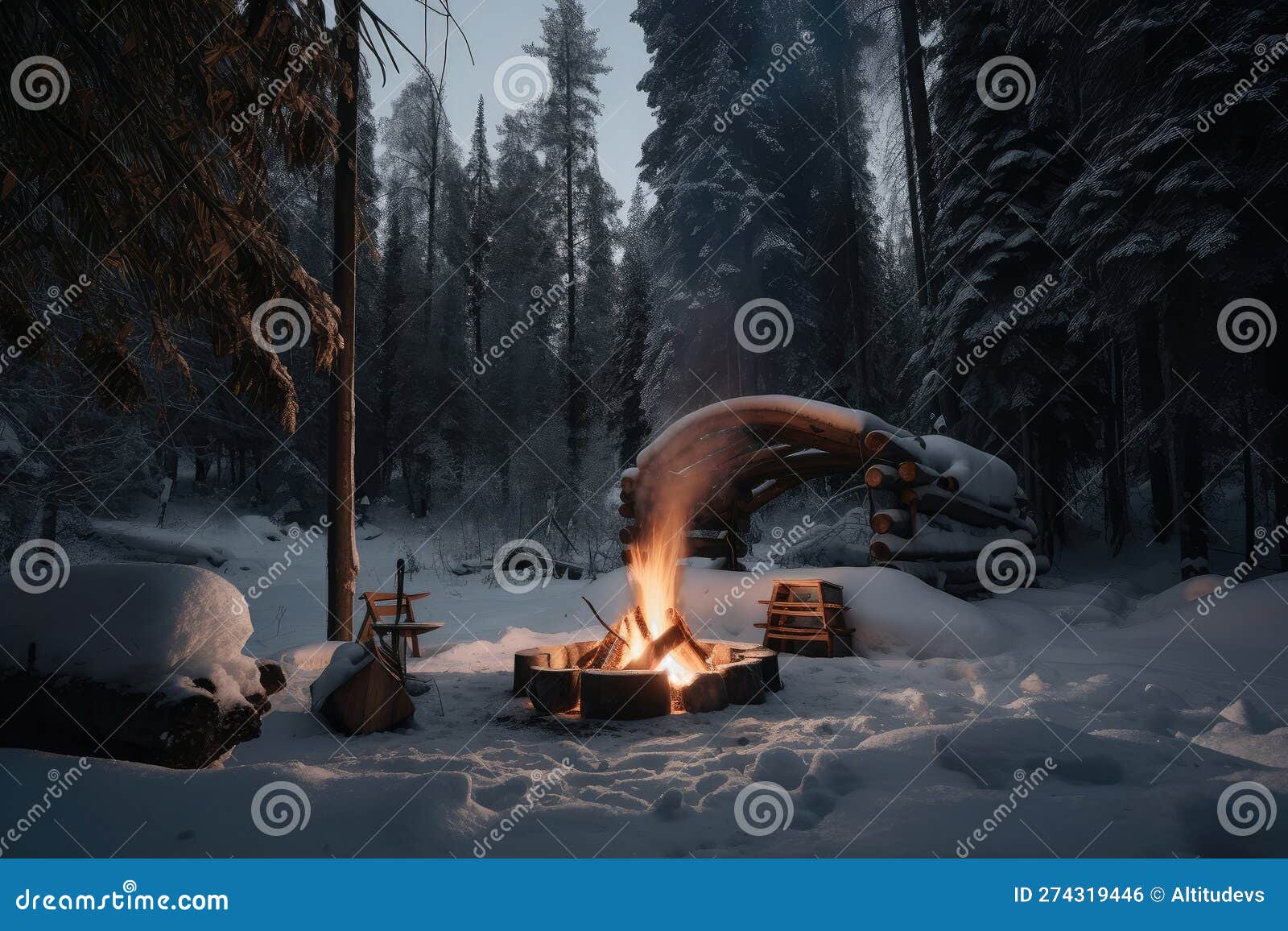 A Cozy Campfire Surrounded by Snow-covered Trees in a Forest Stock ...