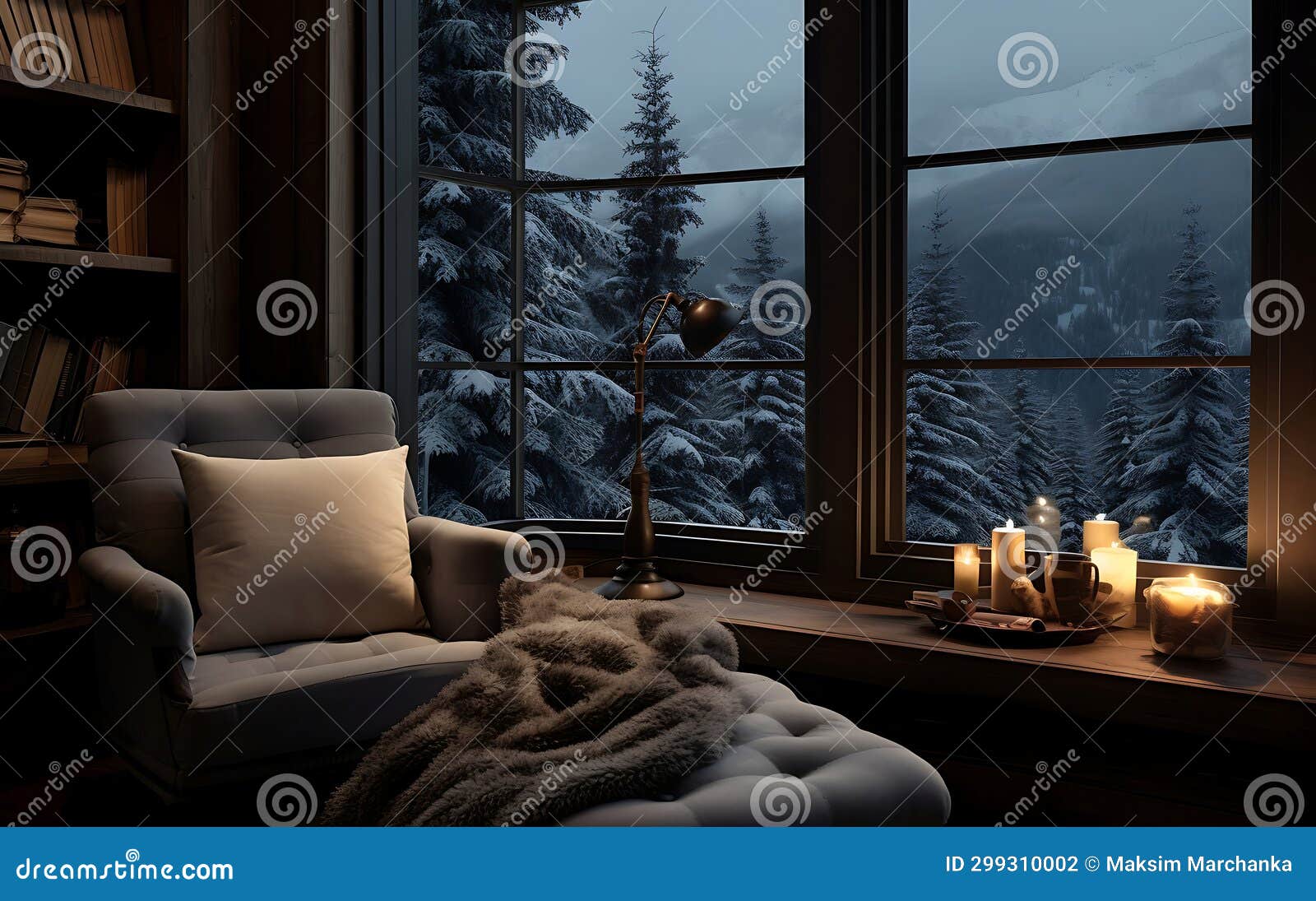 Cozy Chalet House Interior, Sofa and Panoramic Windows Overlooking the ...