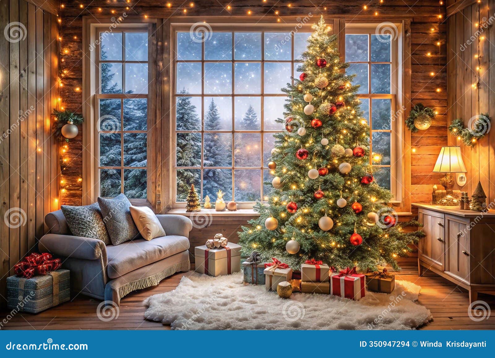 Cozy Christmas Cabin Interior with Decorated Tree, Presents, and Snowy ...