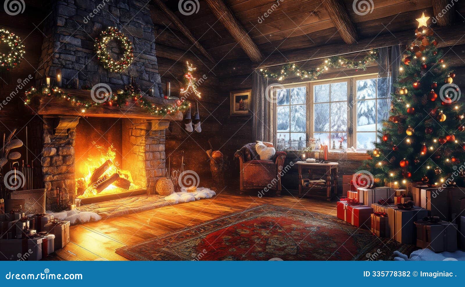 Cozy Christmas Cabin Interior with Fireplace, Decorated Tree, and ...