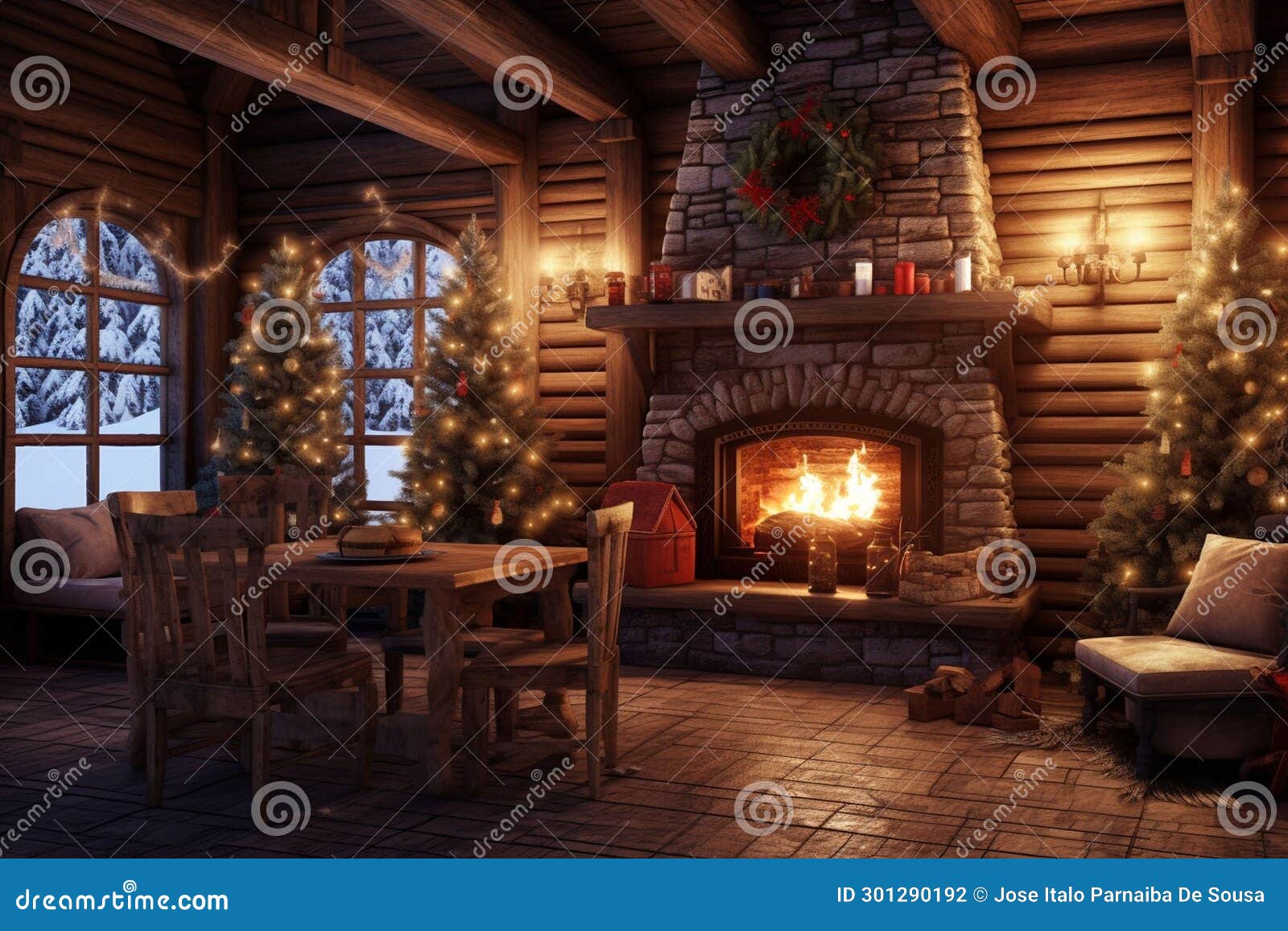 Cozy Christmas Cabin Interiors with Rustic and Stock Illustration ...