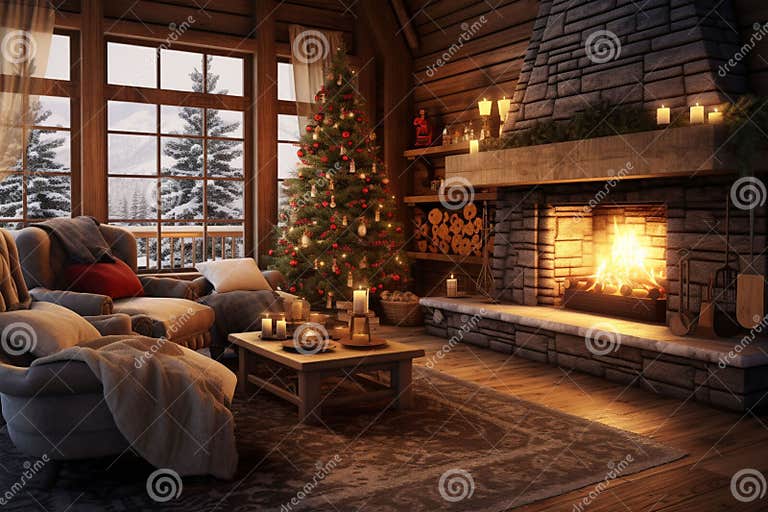 Cozy Christmas Cabin Interiors with Rustic and Stock Illustration ...