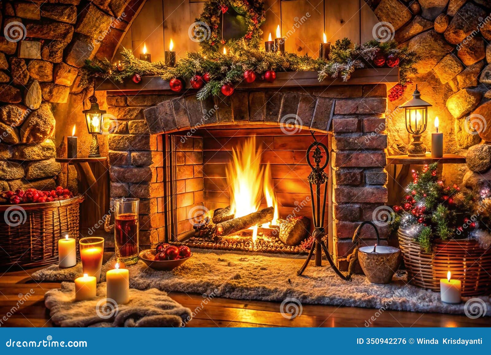 Cozy Christmas Fireplace Scene with Burning Fire, Candles, and ...