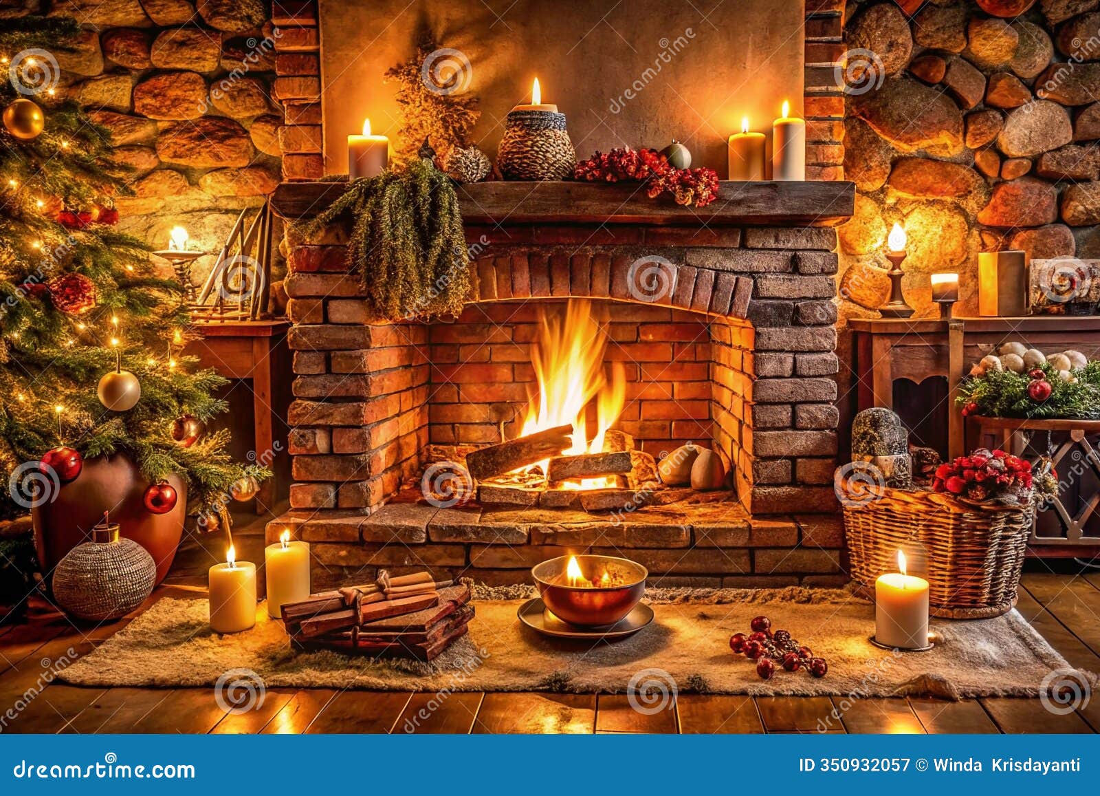 Cozy Christmas Fireplace Scene with Burning Fire, Candles, Tree, and ...