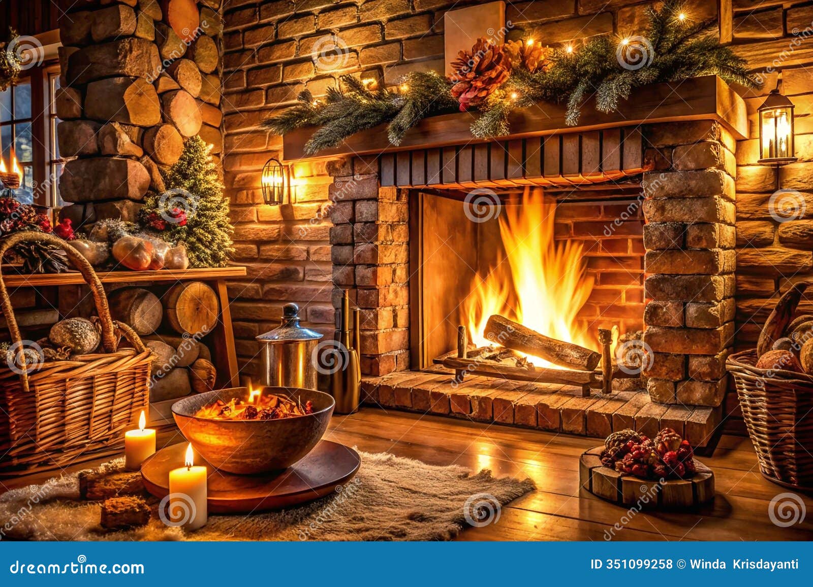 Cozy Christmas Fireplace Scene with Decorations and Warm Fire Stock ...