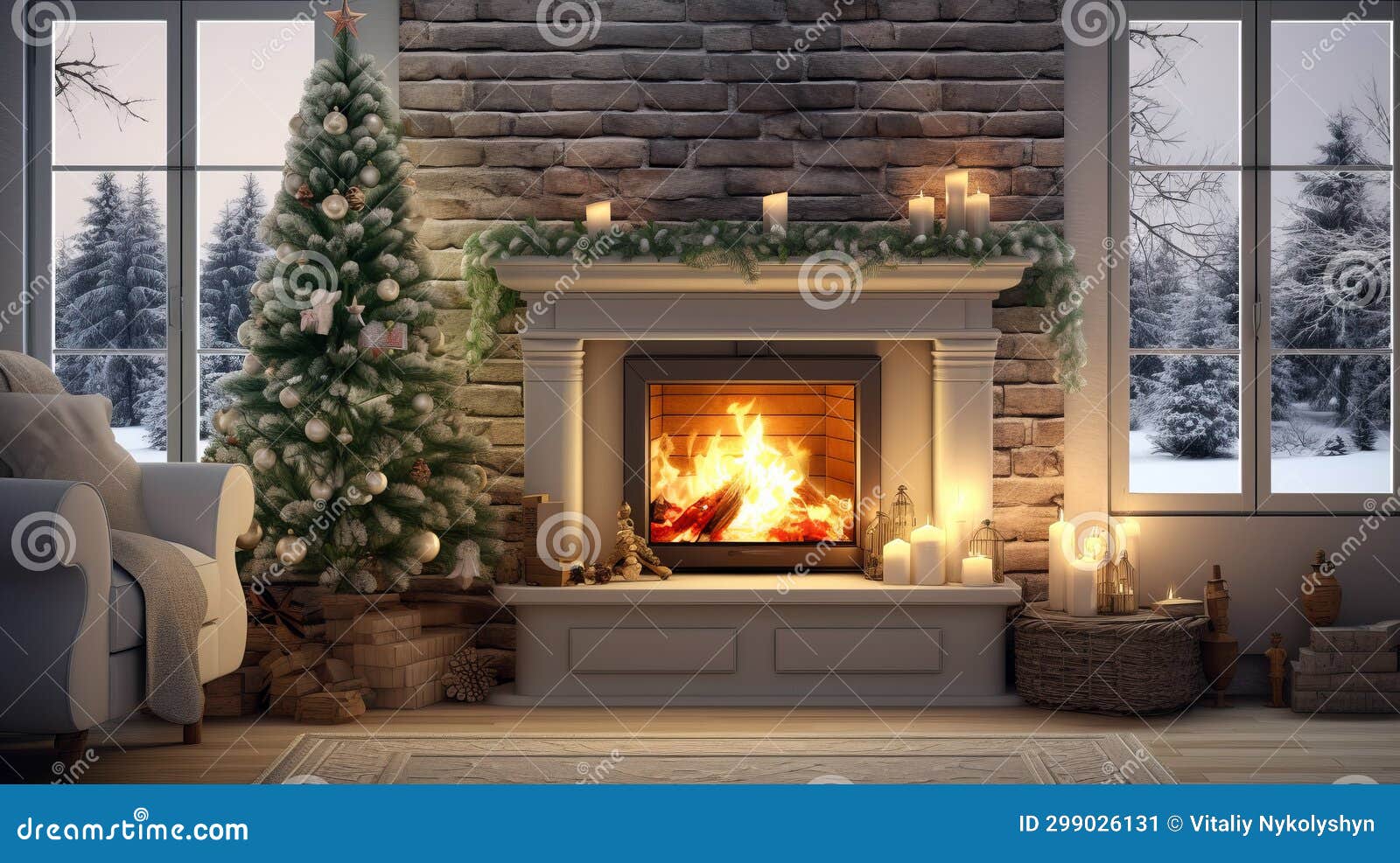 Cozy Christmas Room with Fireplace Stock Image - Image of tree ...