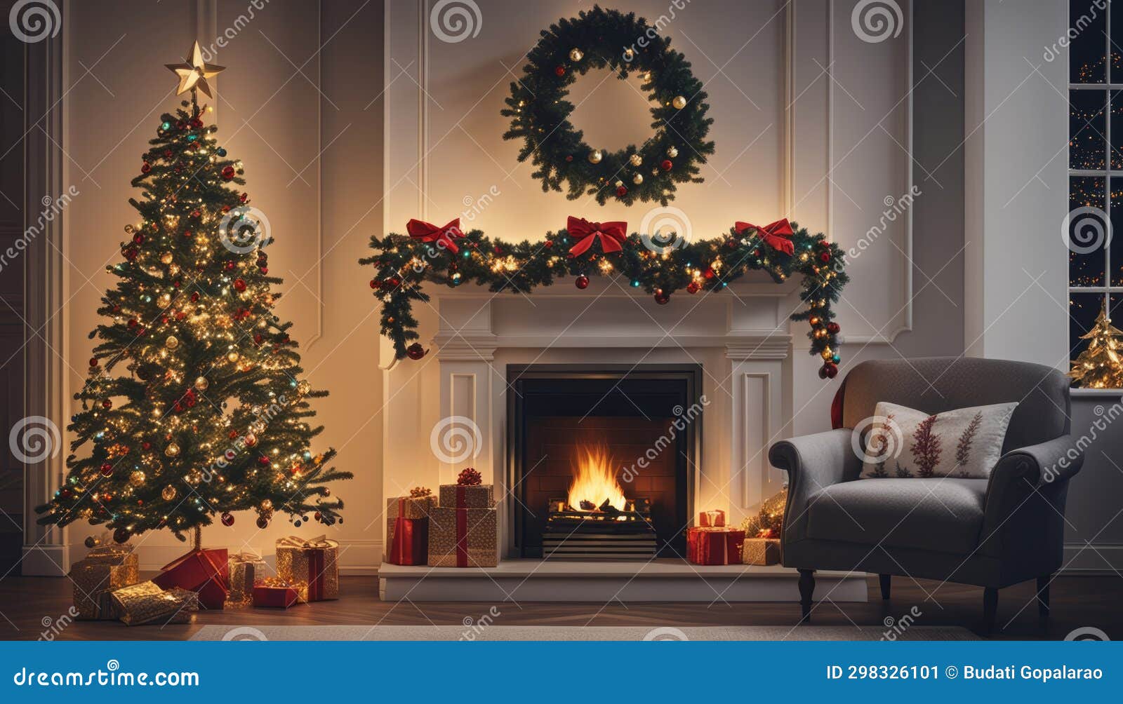A Cozy Christmas Scene with a Fireplace, Two Trees, and a Chair Stock ...