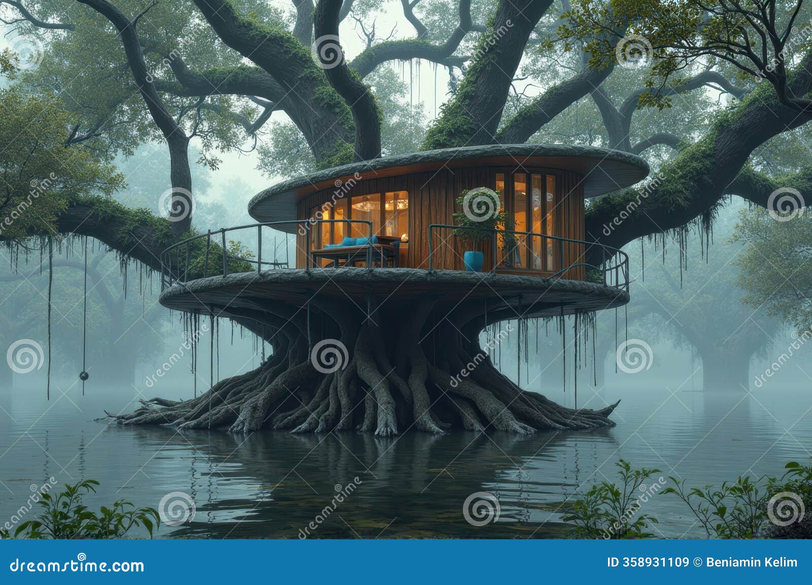 Cozy Circular Treehouse Amidst Scenic Misty Forest Water Landscape ...