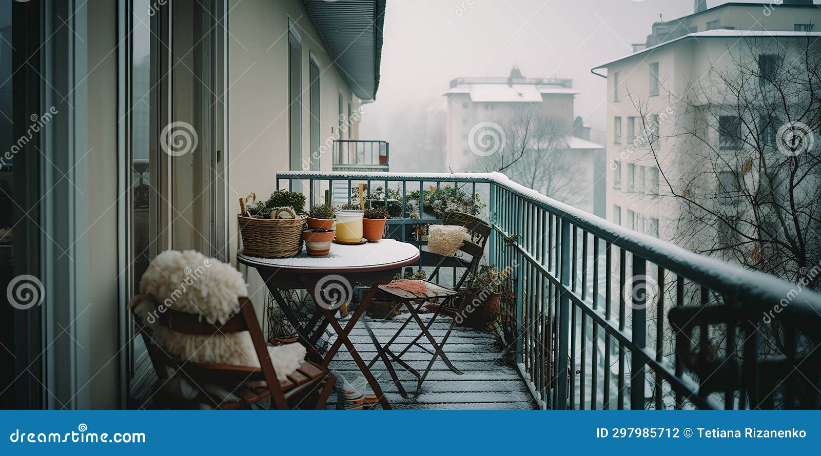 Cozy City Balcony with Table and Chairs in Winter Stock Photo - Image ...