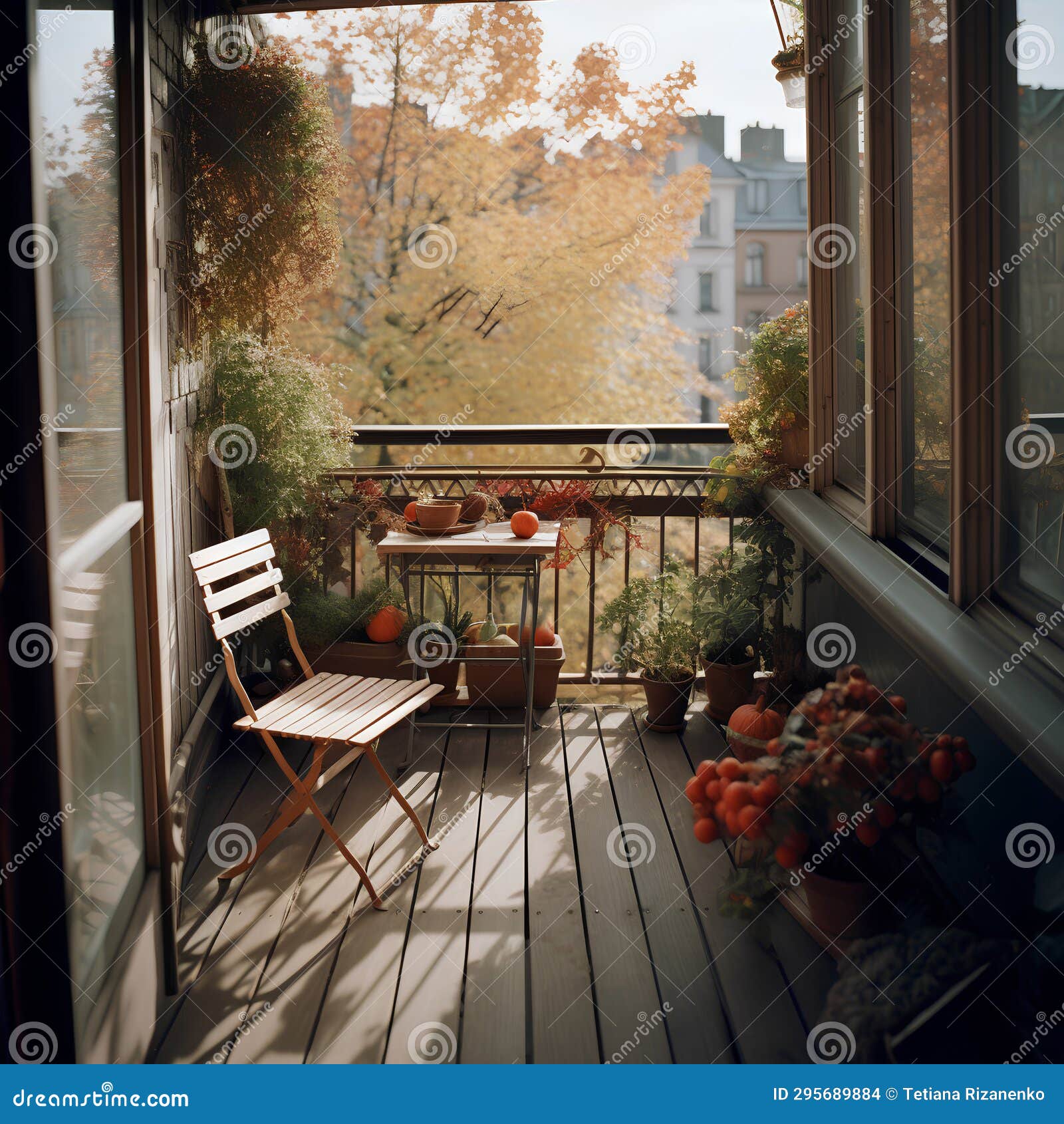 Cozy City Terrace with Table and Decorative Plants in Autumn Stock ...