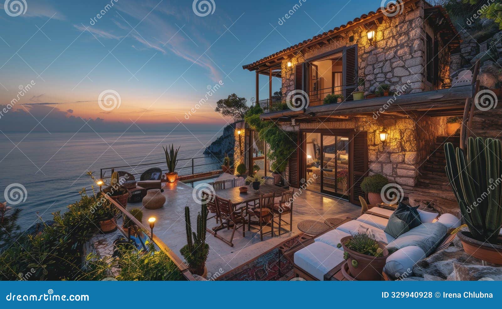 Cozy Cliffside Patio with Stunning Sunset Ocean View Stock Illustration ...