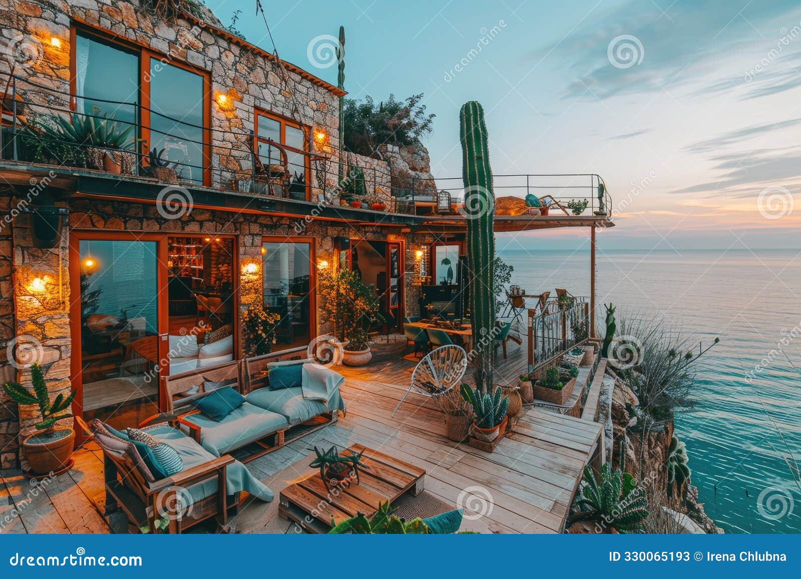Cozy Cliffside Patio with Stunning Sunset Ocean View Stock Illustration ...
