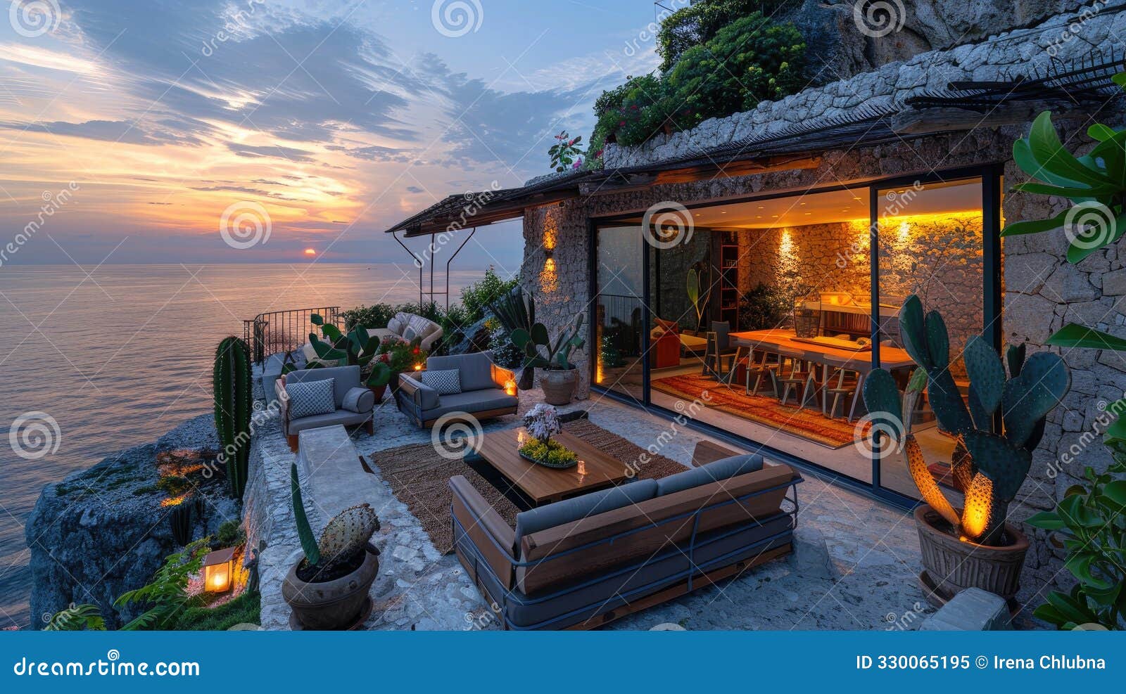 Cozy Cliffside Patio with Stunning Sunset Ocean View Stock Illustration ...