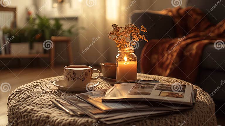 A Cozy Coffee Table with a Cup of Tea, a Candle, and a Stack of Stock ...