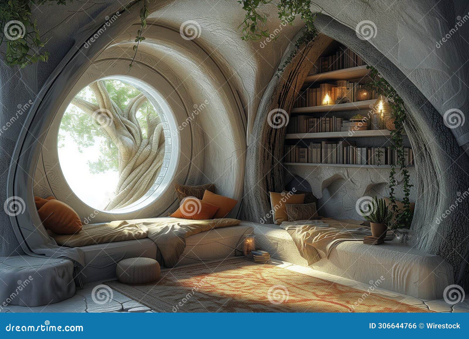 Cozy Contemporary Reading Nook with Wood and Trees, AI-generated. Stock ...
