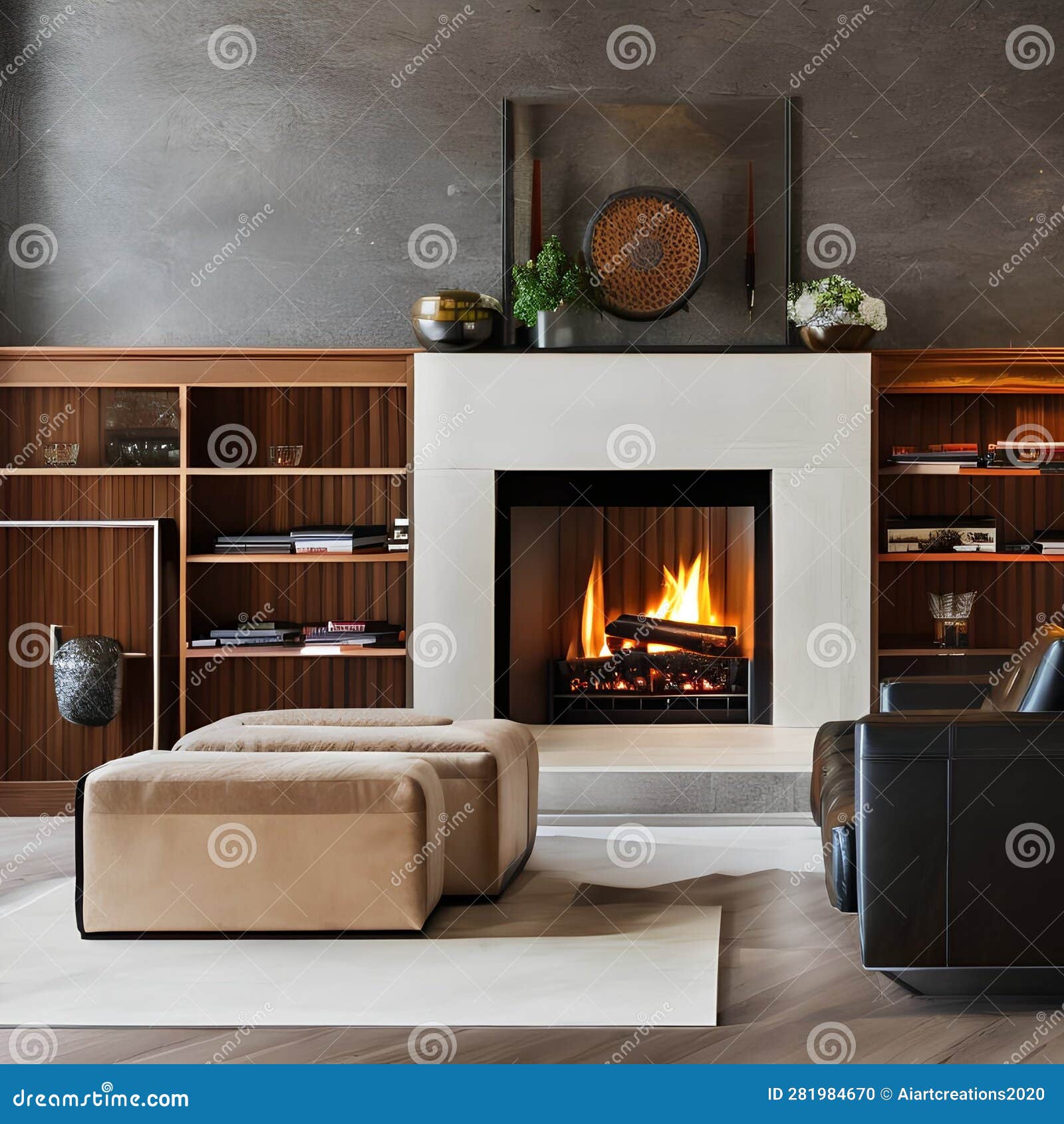 A Cozy Corner with a Fireplace, Oversized Armchairs, and a Bookcase ...