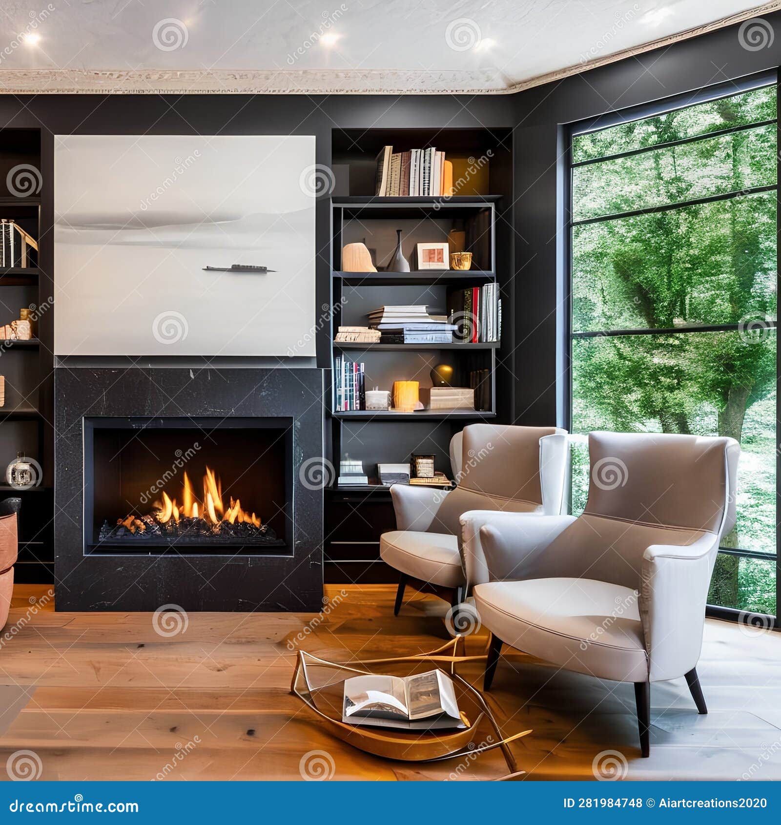 A Cozy Corner with a Fireplace, Oversized Armchairs, and a Bookcase ...