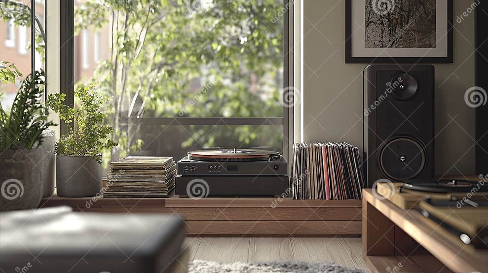 A Cozy Corner with a Vinyl Player and a Stack of Records Styled in a ...